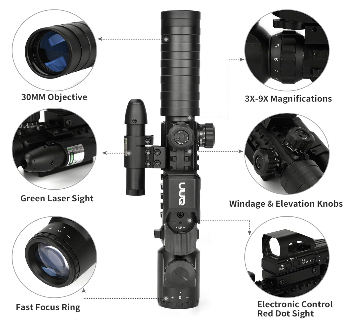 UUQ 3-9X32EG Tactical Rifle Scope with Reflex and Green Laser Sight ...